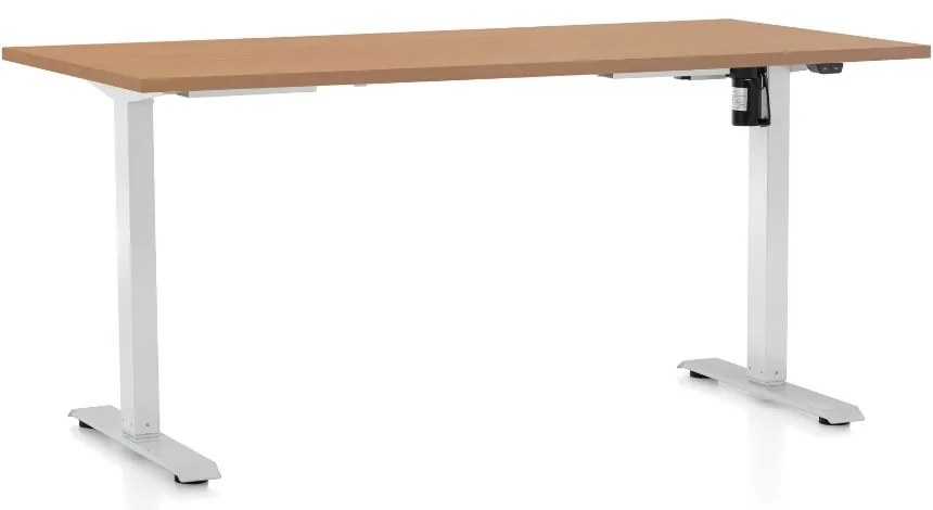 Výškově nastavitelný stůl OfficeTech A, 160 x 80 cm, bílá podnož, buk