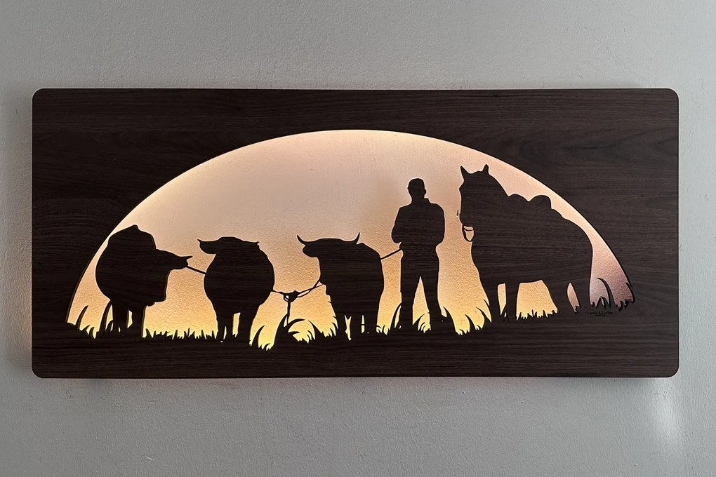 Li-Go "Člověk, kůň a býk" světelný obraz s baterií RGBW 100x45 cm varianta: ovládání na obraze včetně dálkového ovladače, provedení: dub světlý