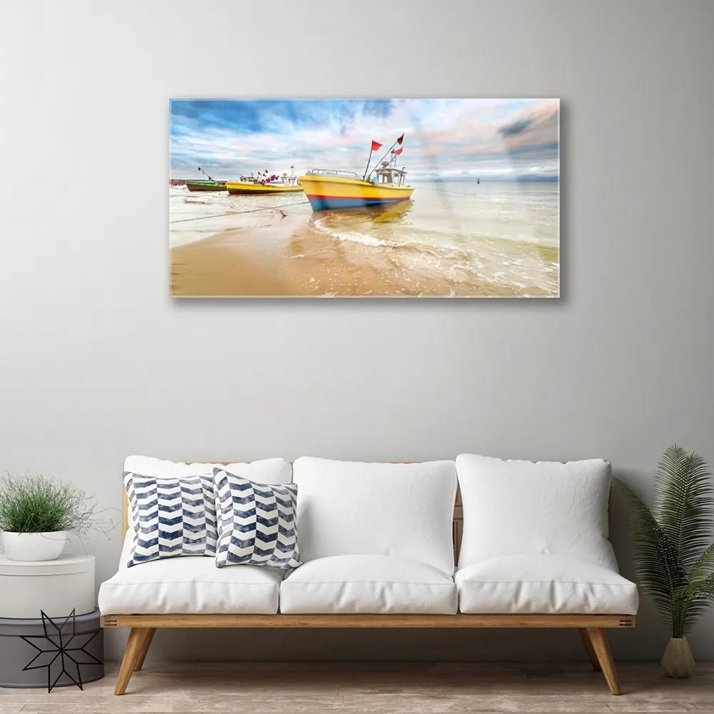 Obraz na skle Loďky Pláž Moře Krajina 100x50 cm