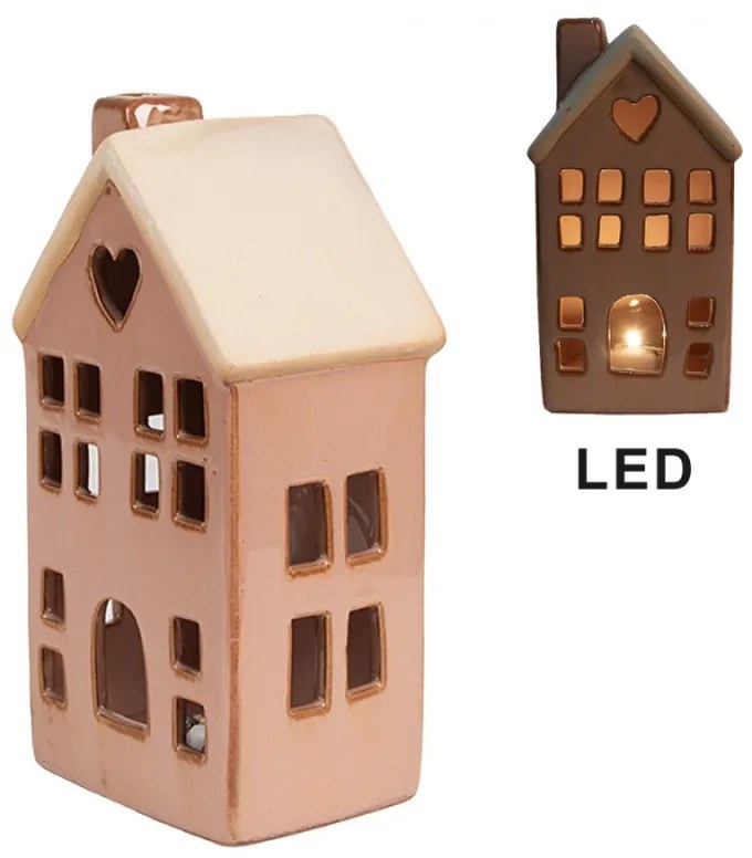 Vánoční dekorace s LED světlem hnědý porcelánový domeček s okny, srdíčkem a komínem – 8x6x15 cm