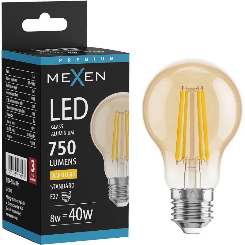 Mexen Vintis LED filamentová žárovka E27, A60, 8W, Teplá - 2700K, 750 lm, jantarová - L150-E27-0822-50 - L150-E27-0827-50
