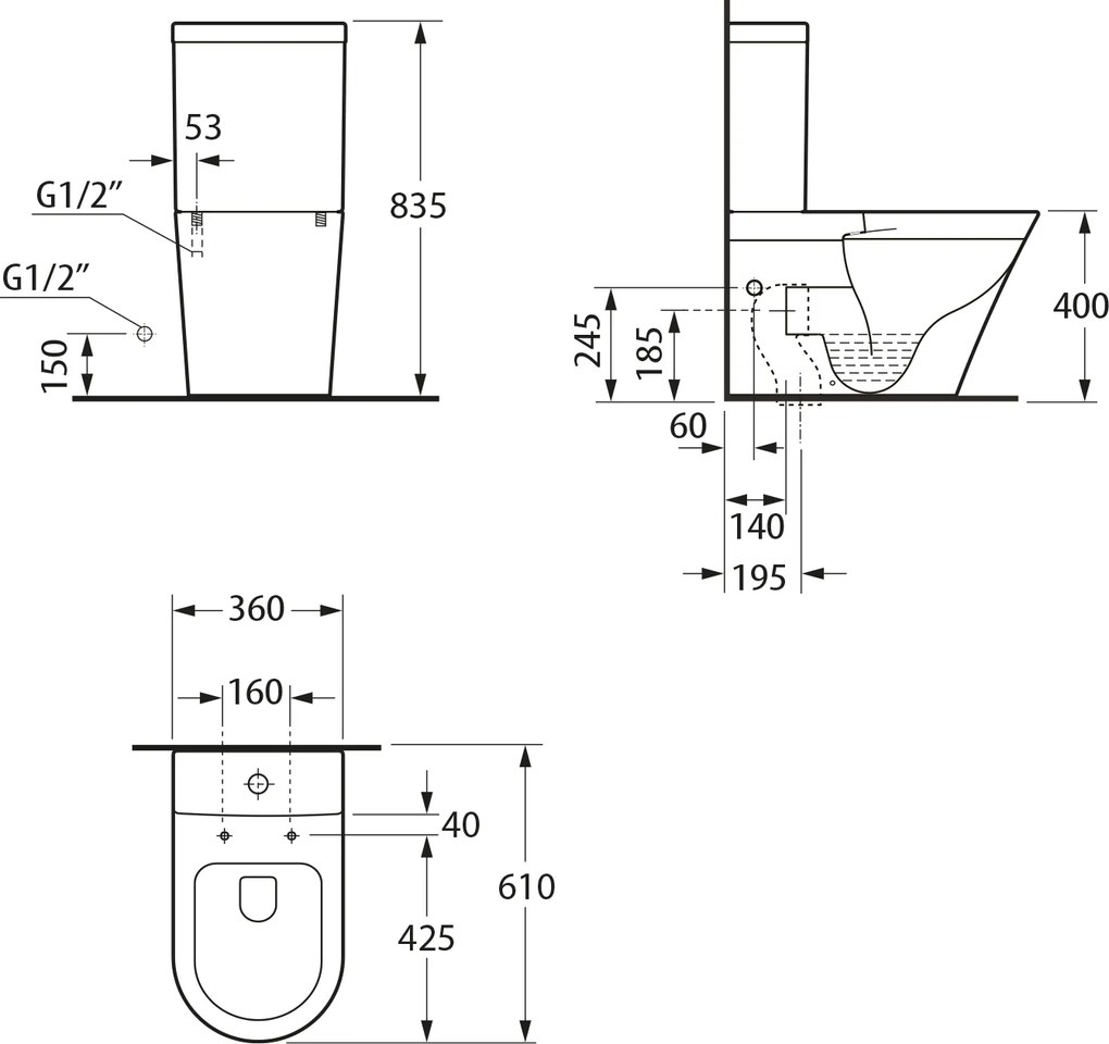 Bruckner Bruckner, DARIO RIMLESS WC kombi mísa s nádržkou, spodní/zadní odpad, bílá, 201.428.4