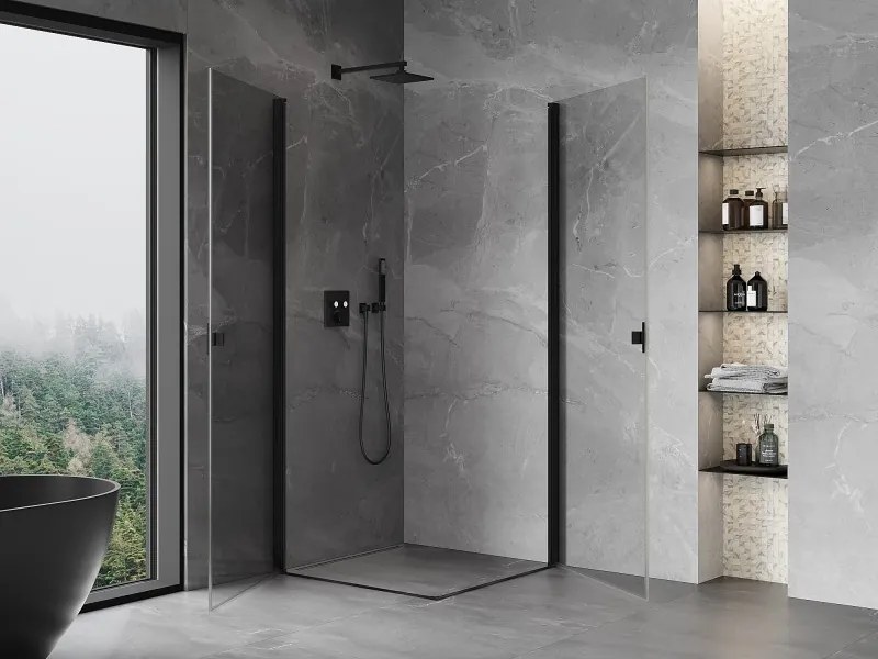 Mexen Mist-B Duo, 2-křídlý ​​výklopný sprchový kout 75 x 75 cm, čiré sklo, černý profil, 8A2-075-075-70-00