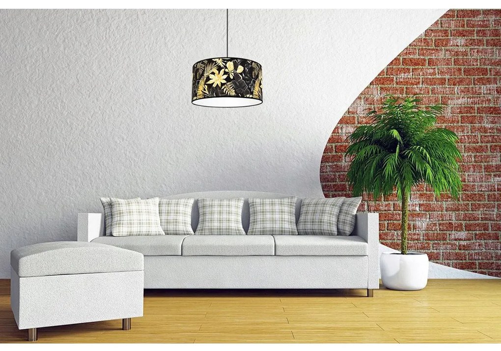 Závěsné svítidlo Gold Flowers, 1x černé textilní stínítko s květinovým vzorem, (fi 40cm)