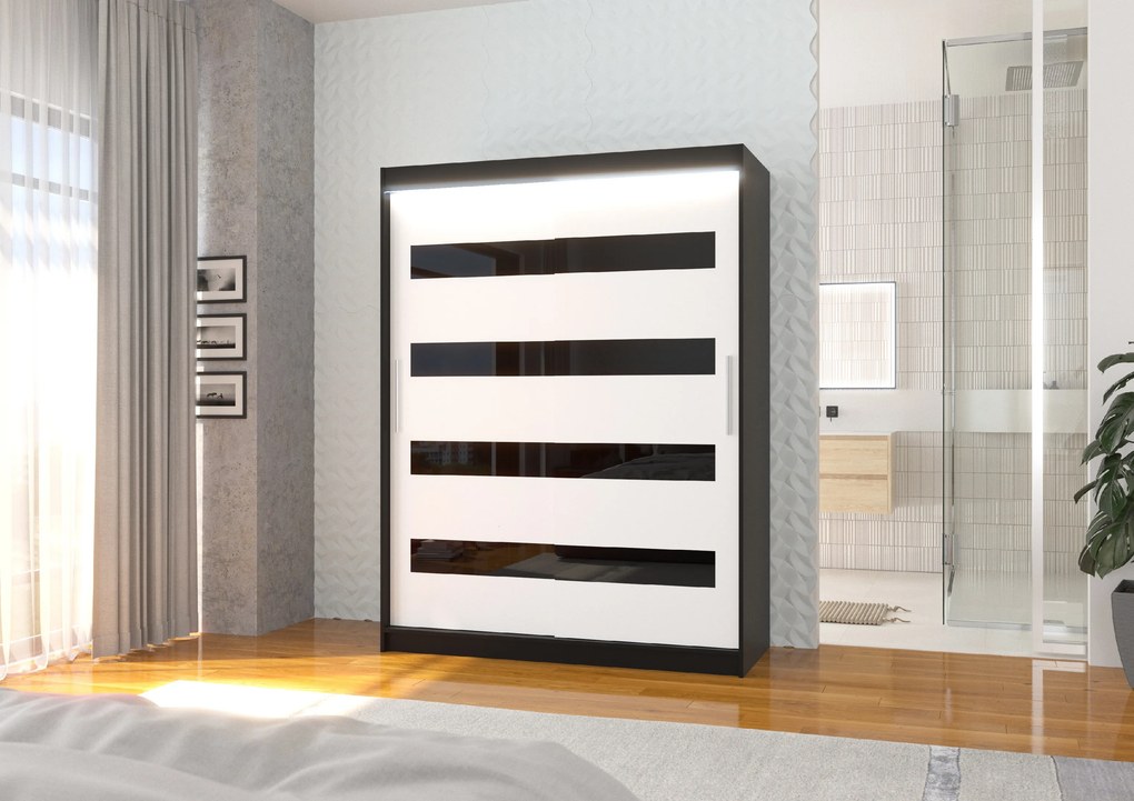 ADRK Furniture Posuvná skříň s lacobelem a LED osvětlením MARTINEZ 150 ADRK-SW-MAR-BWBL-150-L