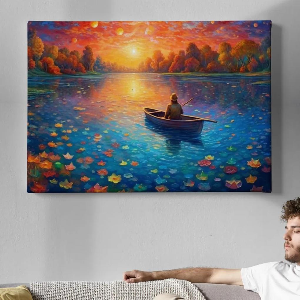Obraz na plátně - Muž na pramici při západu slunce FeelHappy.cz Velikost obrazu: 150 x 100 cm