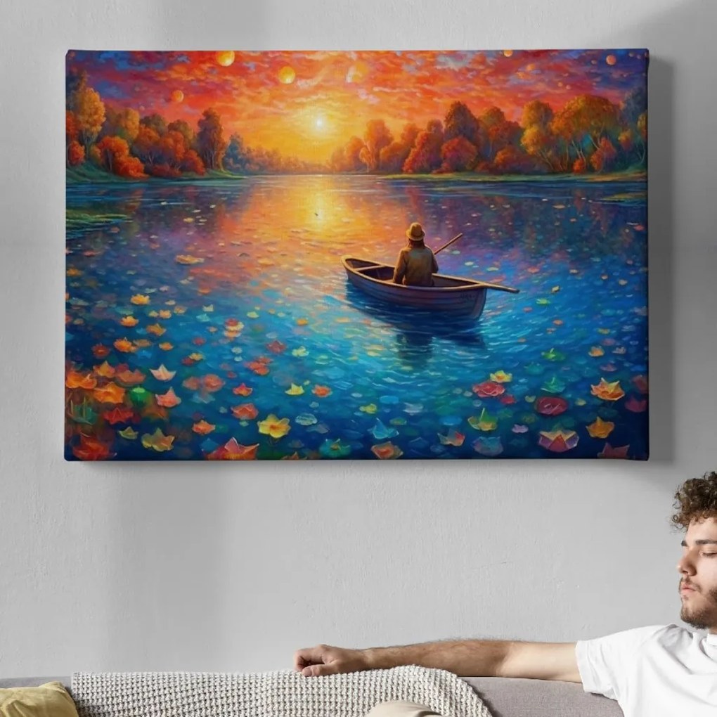 Obraz na plátně - Muž na pramici při západu slunce FeelHappy.cz Velikost obrazu: 180 x 120 cm