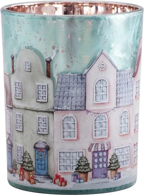 Modrý skleněný svícen vesnička domky Village M - Ø 10*13 cm