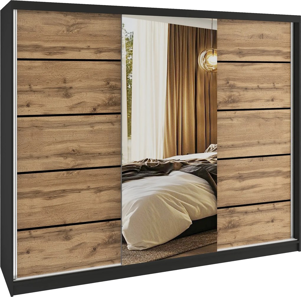 Šatní skříň SERENITY 232 cm Belini černý mat /dub wotan s posuvnými dveřmi a zrcadlem  MBP SERENITY SZP8/0/B/DW/0/HIAL