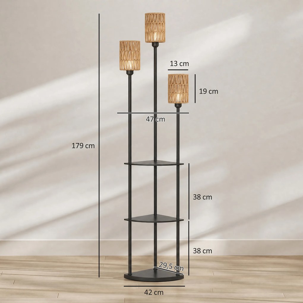 HOMCOM Boho stojací lampa se 3 plameny, stojací lampa s 3 policemi, stínidlo z papírového provazu, černá