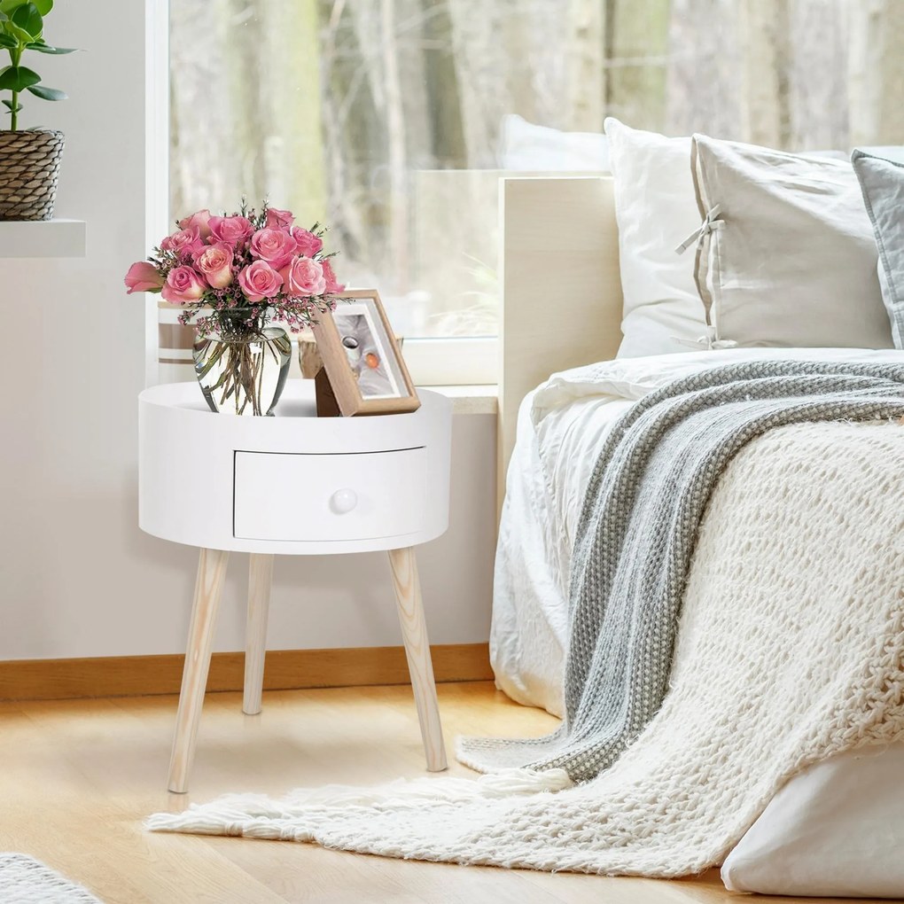 Noční stolek HOMCOM s 1 šuplíkem, kulatý stolek se zvýšeným okrajem a 3 dřevěnými nohami pro moderní styl ložnice a obývacího pokoje Ø38x45 cm Bílý