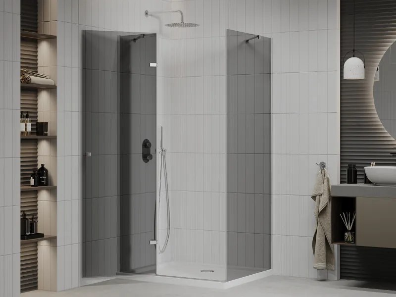 Mexen Roma, sprchový kout s křídlovými dveřmi 90 (dveře) x 100 (stěna) cm, 6mm šedé sklo, chromový profil + slim sprchová vanička bílá + chromový sifon, 854-090-100-01-40-4010