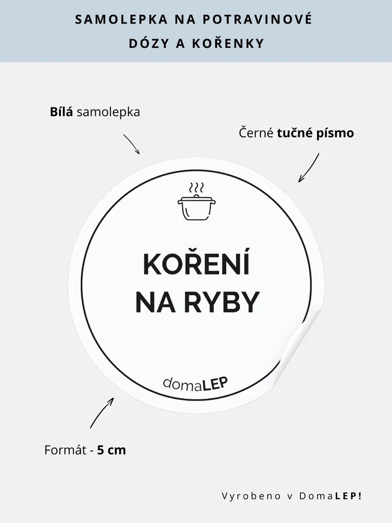 Samolepka na kořenky KOŘENÍ NA SÝR bílá 5 cm tučné písmo