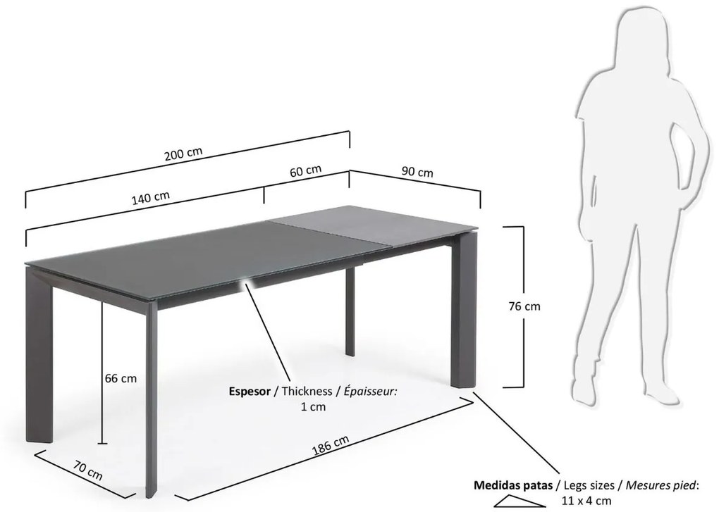 Tmavě šedý skleněný rozkládací jídelní stůl Kave Home Axis 140/200x90 cm