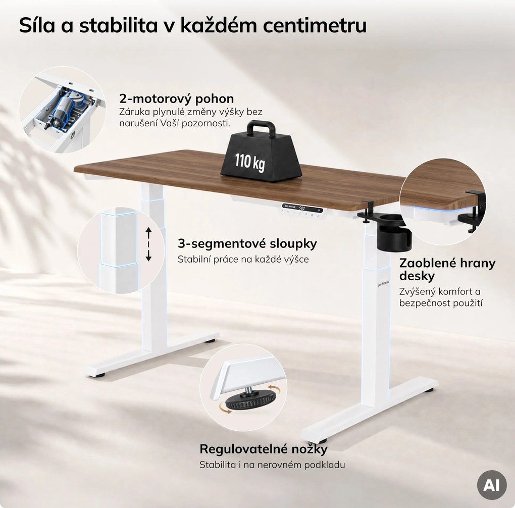 Elektrický stůl s nastavitelnou výškou ergonomický bílý/ořech,1200x600 mm: ARIA