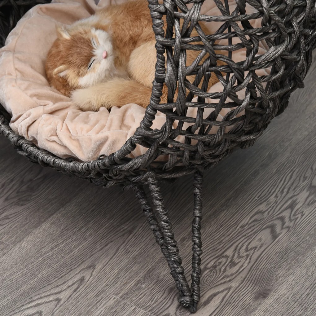 PawHut ratanový domeček pro kočky Elegantní kočičí jeskyně s polštářem, vyvýšené nohy, stříbrně šedá, Ø52x58cm