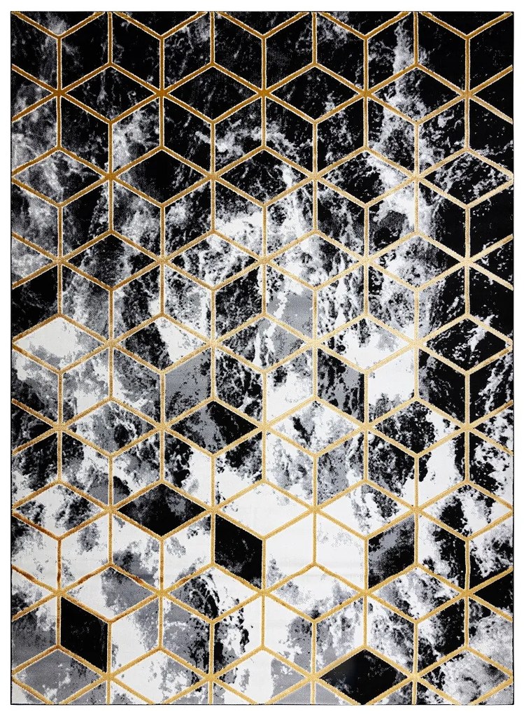 Dywany Łuszczów, Kusový koberec Gloss 409A 82 3D cubes black/gold/grey, 80x150, černobílá, kancelář