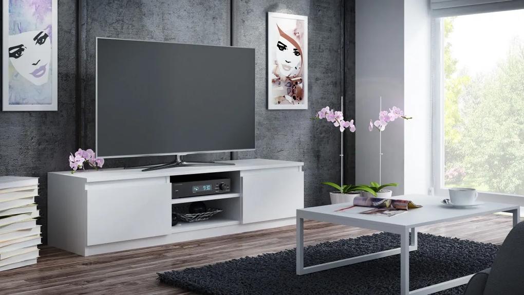Televizní stolek DELUKO s dřevěnou policí 140 cm bílý mat