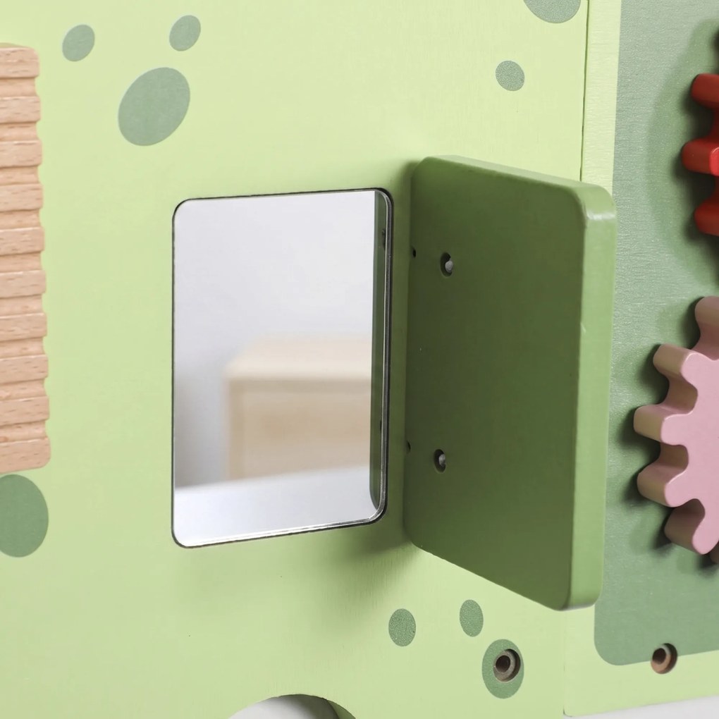 AIYAPLAY Montessori motorická deska dřevěné Busy Board dinosaurus, nástěnně montovaná s xylofonem, hodinami a ozubenými koly, zvukové tyče