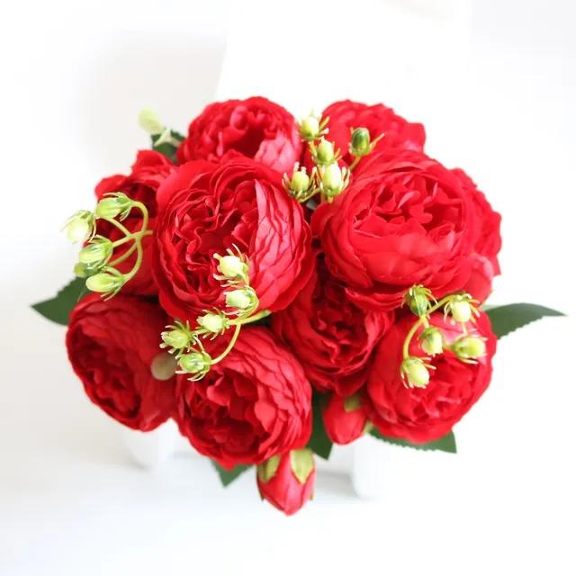 Umělá kytice pivoňek - 5 květů s poupaty (A) Barva: Červená