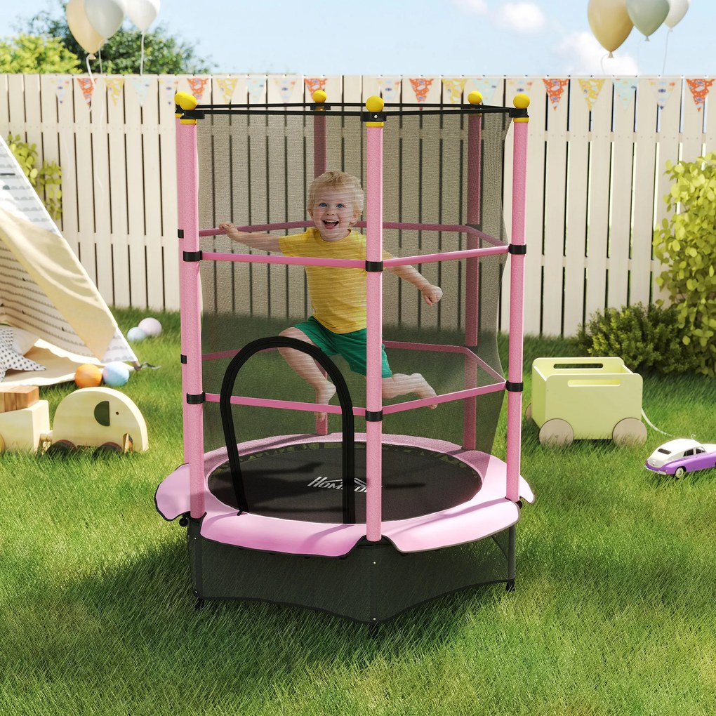 HOMCOM dětská trampolína Ø140 cm, trampolína s ochrannou sítí, kryt hran, zahradní trampolína pro děti 3-10 let, max. zatížení 50 kg, růžová barva