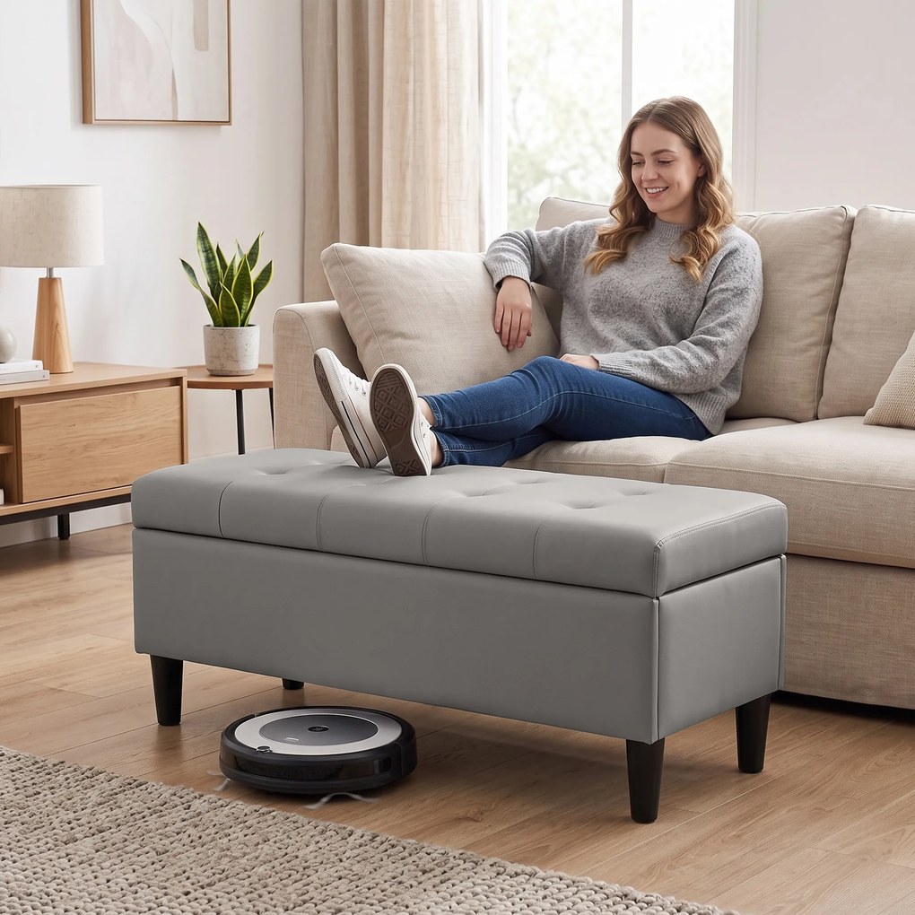 HOMCOM lavice s úložným prostorem 136L, velký úložný puf, podnožka 110x41x42 cm, přátelská k domácím mazlíčkům, umělá kůže šedá