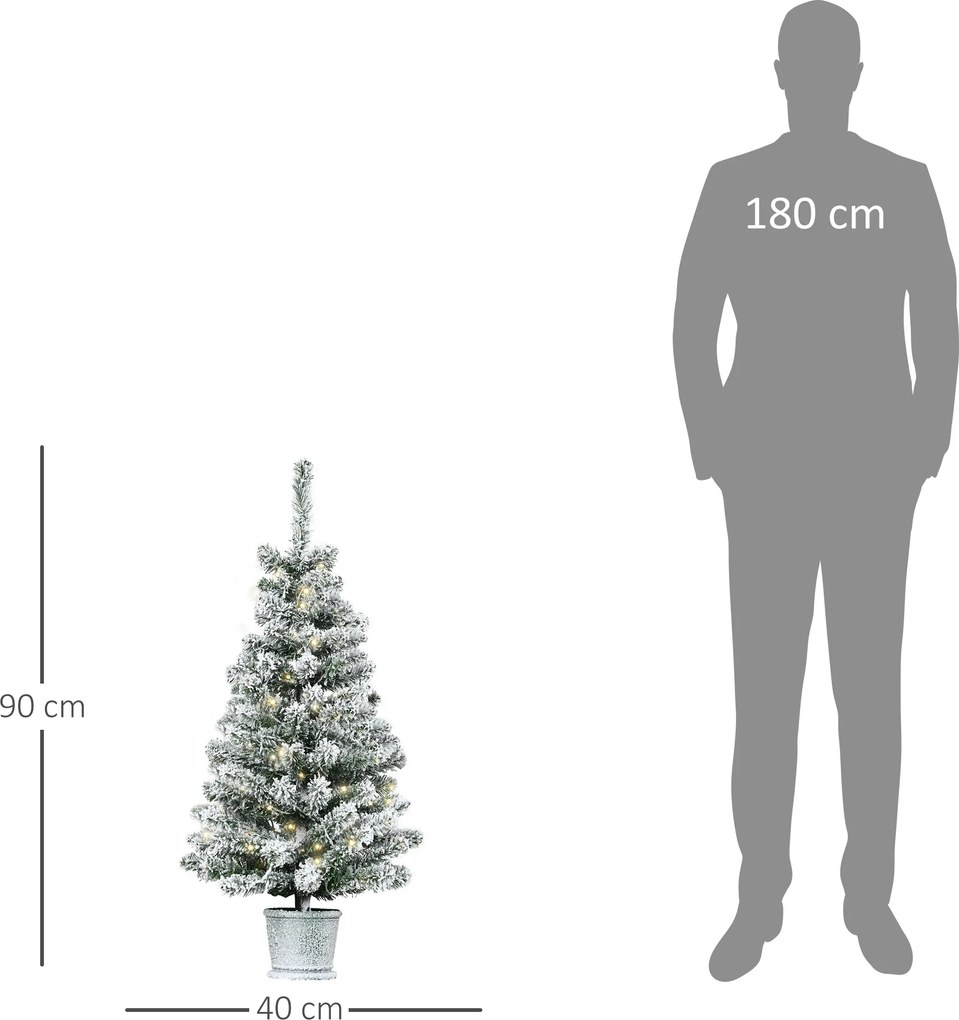 HOMCOM Mini vánoční stromek Ø40x90 cm, umělý sníh, 60 LED, nehořlavý, plast, zelená/bílá