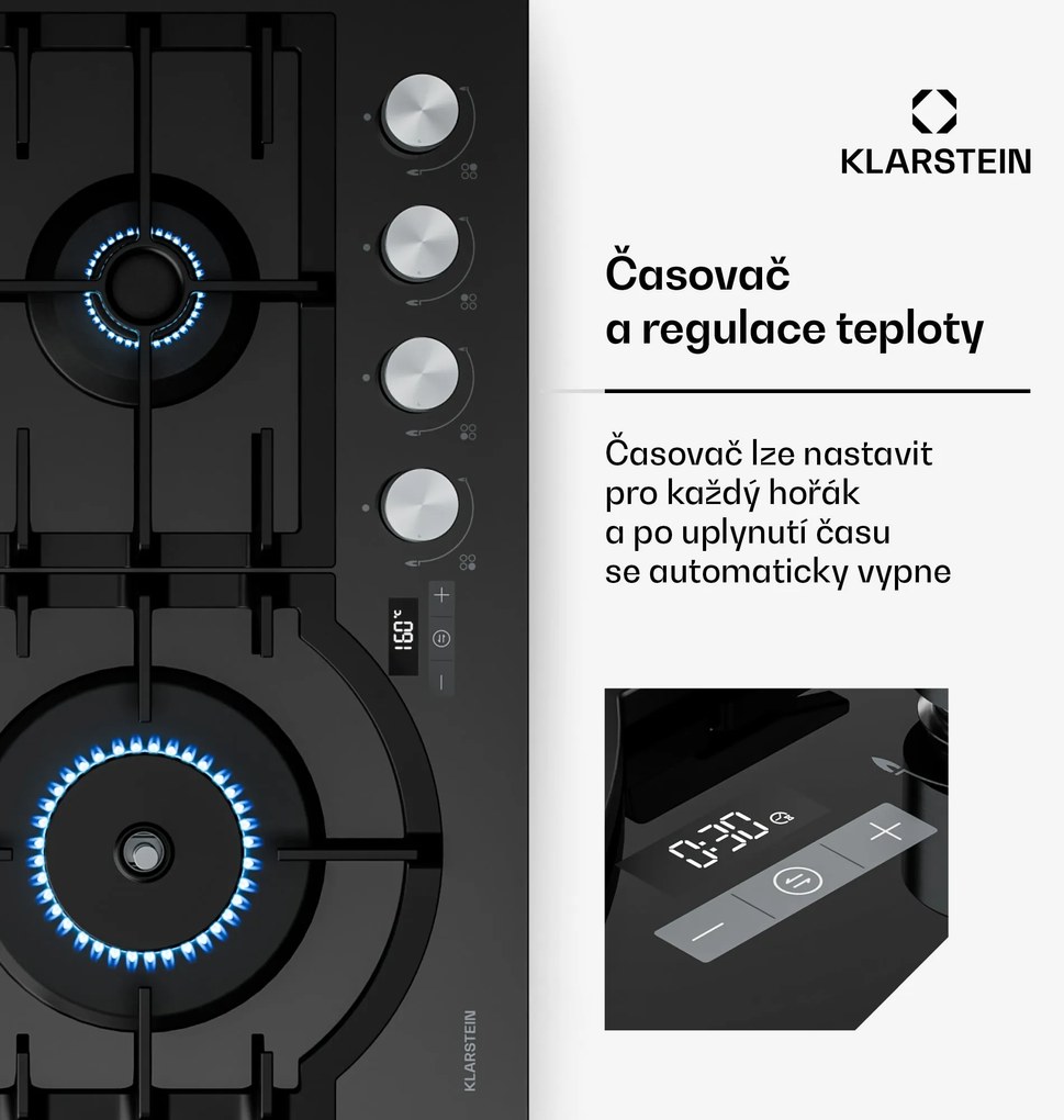 Klarstein Ignito plynová varná deska 8 kW, litinové držáky, časovač, regulace teploty