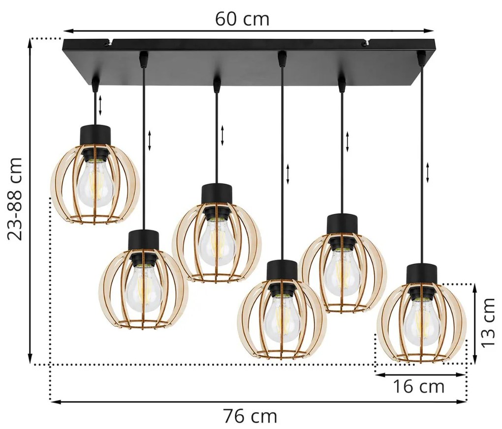 Závěsné svítidlo TIMBER 8, 6x dřevěné stínítko