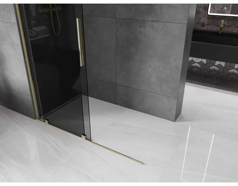 Mexen Velar, sprchová zástěna s posuvnými dveřmi Walk-in 130 x 200 cm, 8mm šedé sklo, zlatá lesklá, 871-130-000-43-50
