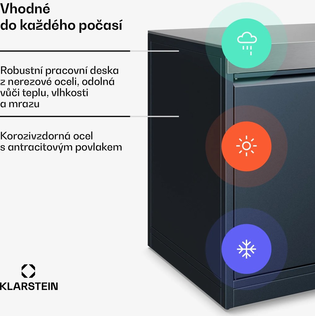 Klarstein WaldChef kuchyň venkovní | Kuchyňská skříň | Nerezová pracovní deska | Odolná vůči povětrnostním vlivům | 90 x 90 cm