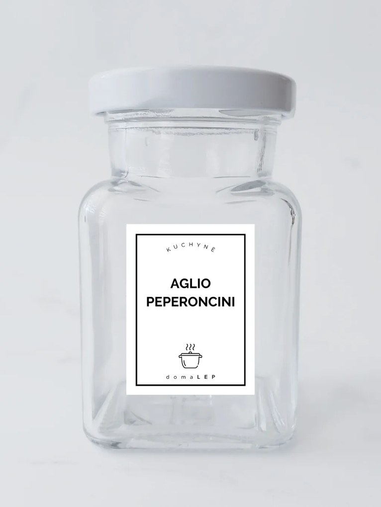 Samolepka na kořenky AGLIO PEPERONCINI bílá 3 × 4 cm tučné písmo