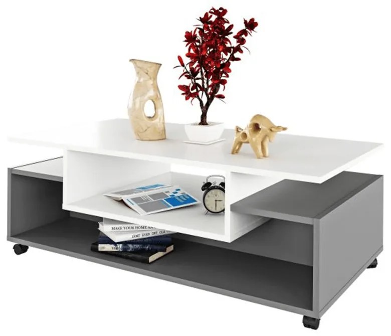 Konferenční stolek na kolečkách, bílá / grafit, DALEN