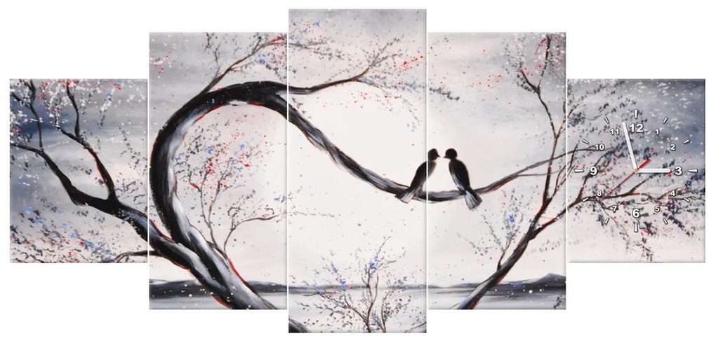 Gario Obraz s hodinami Ptačí láska na větvi - 5 dílný Rozměry: 150 x 70 cm