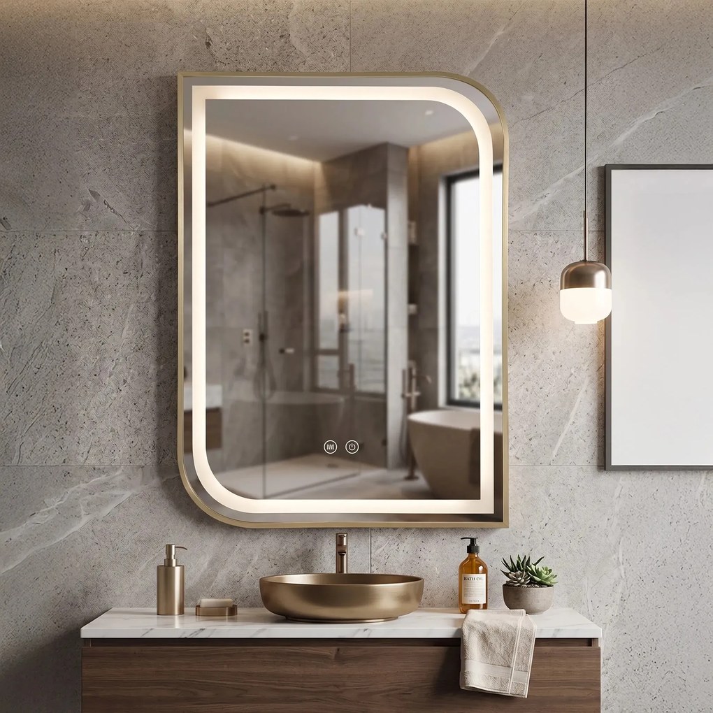 Tutumi Zrcadlo 80x60 cm s vyhříváním a regulovatelným LED osvětlením HOM-00209 kartáčovaná zlatá