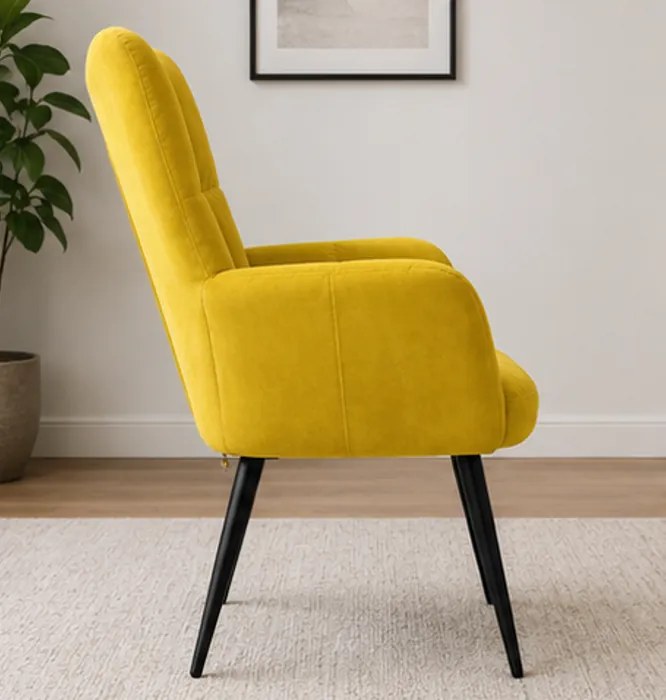 křeslo relaxační, s podnožkou, odpočinkové, ušák, kov/samet, 98x63x69 cm, černá/hořčicově žlutá, Dekorino KR20260019