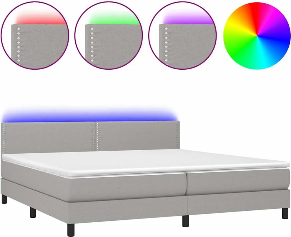 Box spring postel s matrací a LED světle šedá 200x200 cm textil 3133101