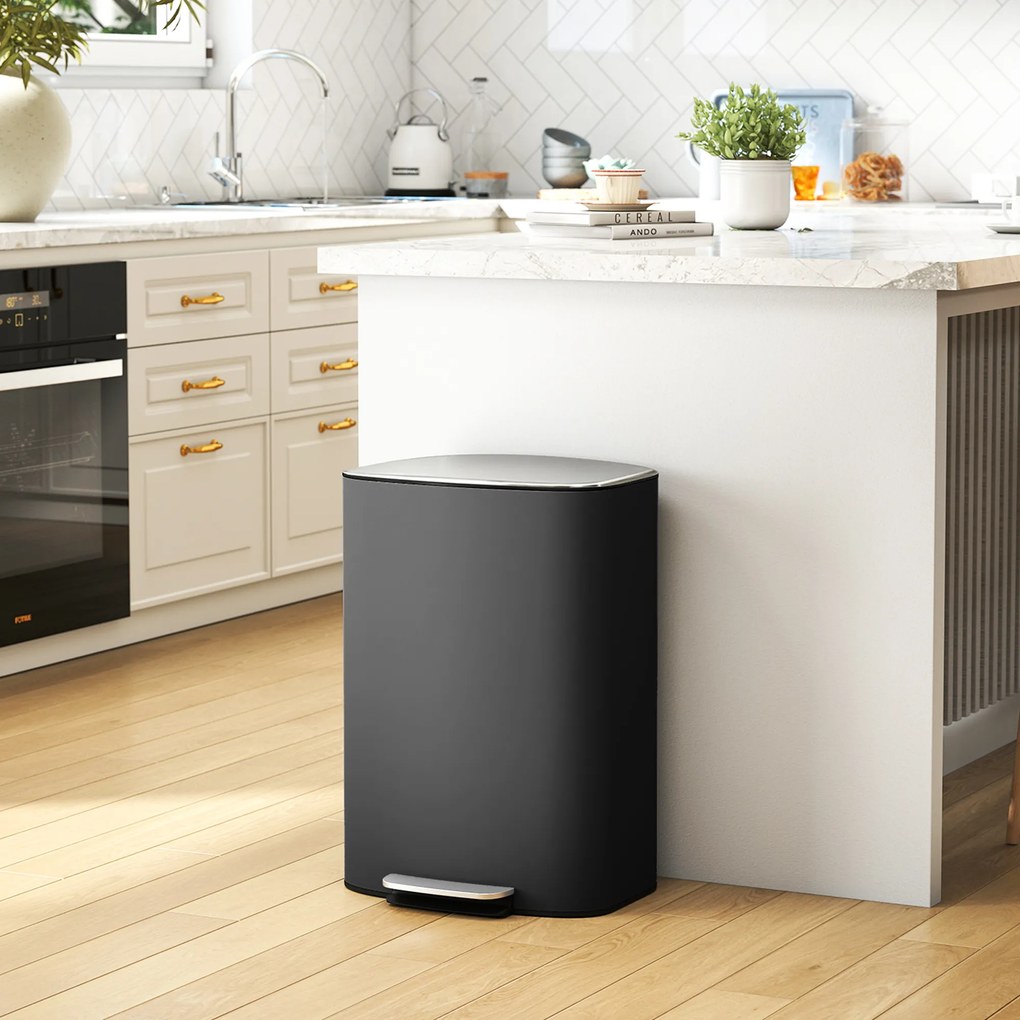 HOMCOM 50 l kuchyňský odpadkový koš se šlapacím pedálem, měkké dovírání a funkce otevření 90° – nerez/černá, 45,1 × 36,5 × 62,6 cm