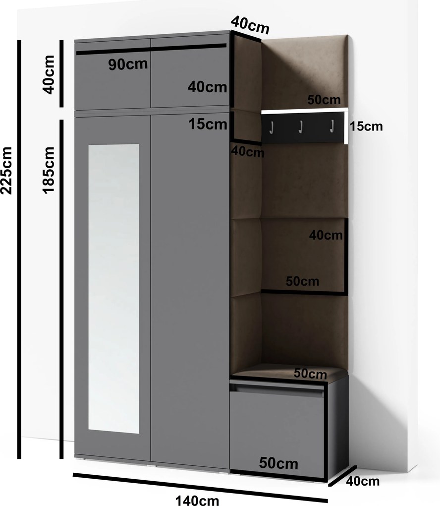 Eka Předsíňová stěna s čalouněnými panely Trinity 20 - Dub Artisan s černou / Hnědá 2307