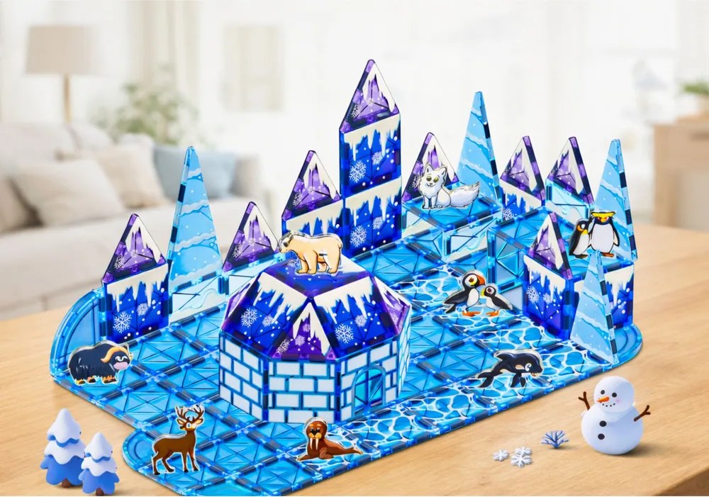LEAN Toys Magnetické kostky – Ledová krajina – figurky zvířat – modré – 94 ks