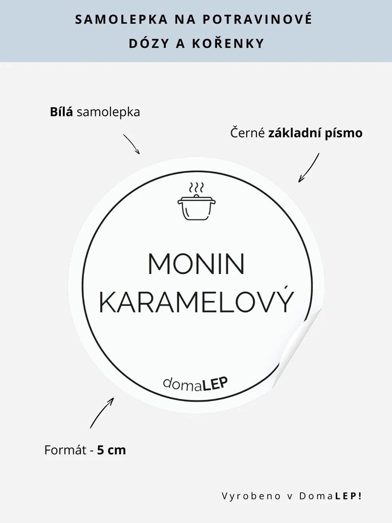 Samolepka na láhev MONIN KARAMELOVÝ průměr 5 cm – bílá vinylová, voděodolná, omyvatelná samolepka na dózy, základní písmo