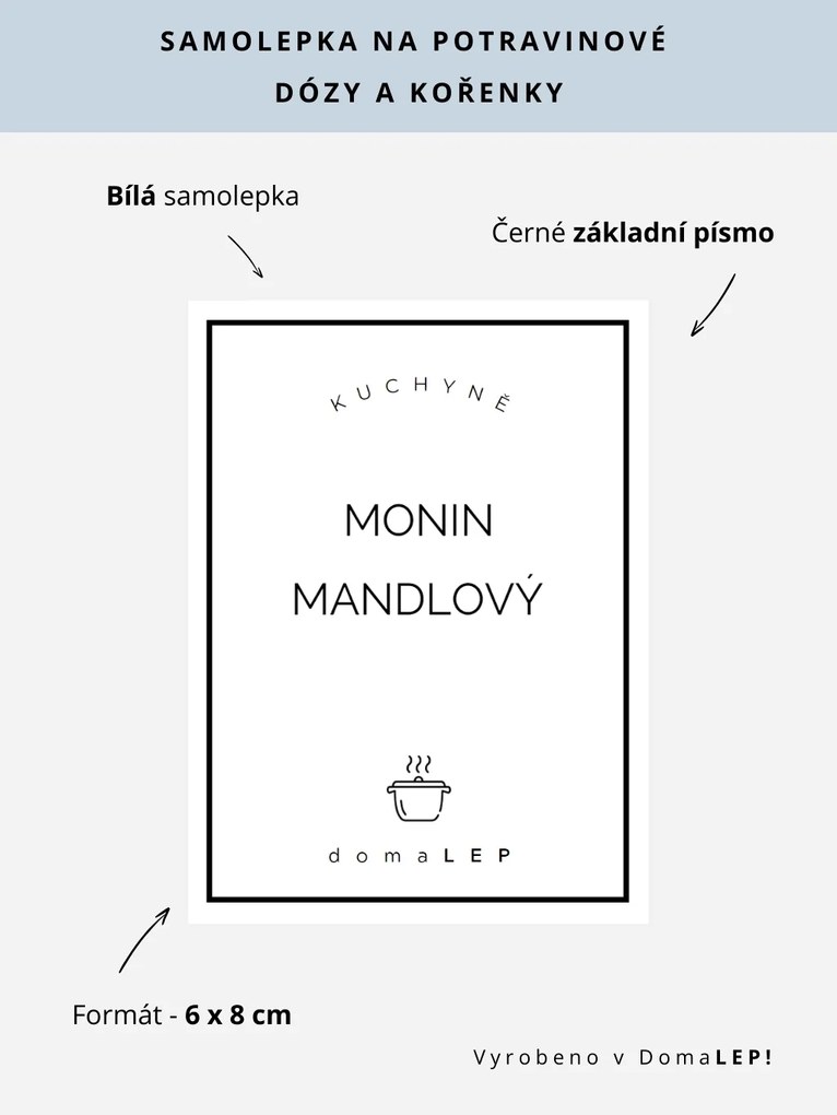 Samolepka na láhev MONIN MANDLOVÝ 6 x 8 cm – bílá vinylová, voděodolná, omyvatelná samolepka na dózy, základní písmo