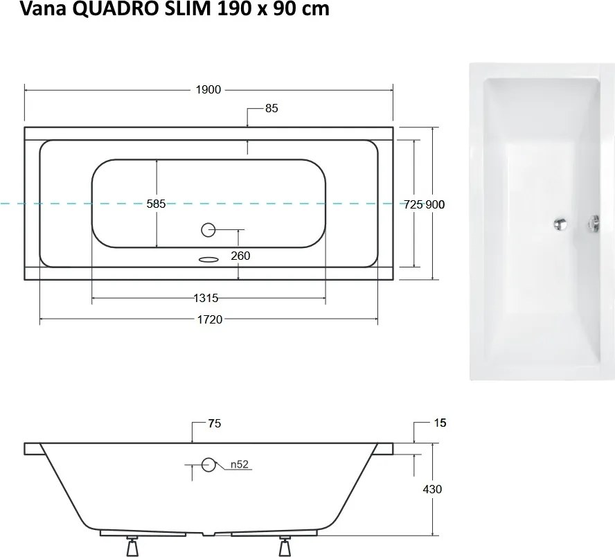 Besco Quadro Slim obdélníková vana 190 x 90 cm akrylát bílá VANQAUD190SLIM