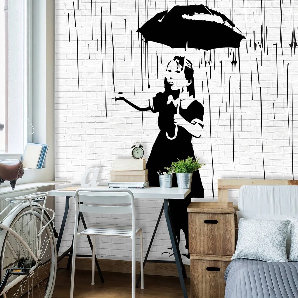 Fototapeta - Dívka s deštníkem v dešti (152,5x104 cm)