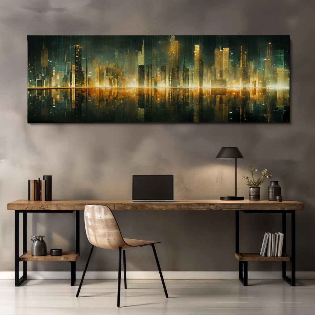 Obraz na plátně - Futuristické město - Zrcadlení pokroku FeelHappy.cz Velikost obrazu: 150 x 50 cm