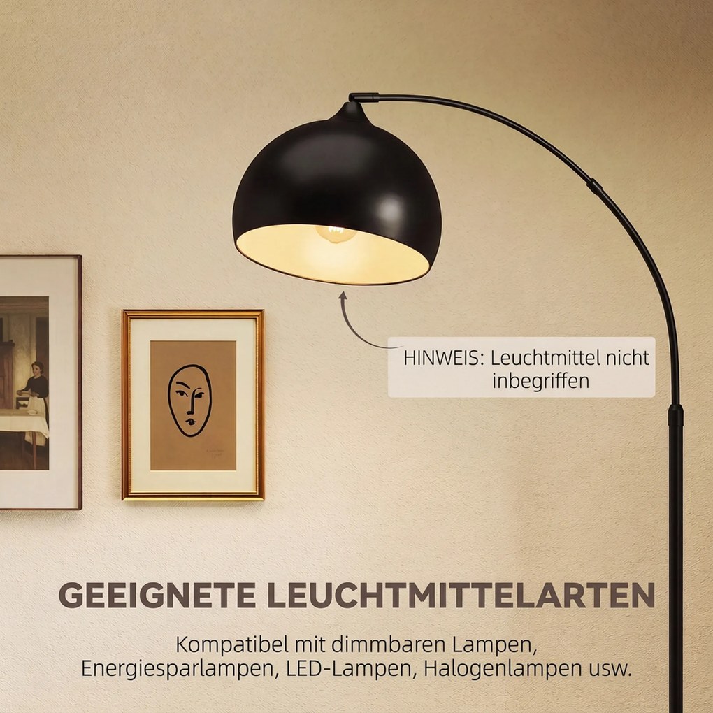 HOMCOM Oblouková lampa, stojací lampa, výškově nastavitelná, nožní vypínač, podstavec s efektem mramoru, 170-180cm, černá