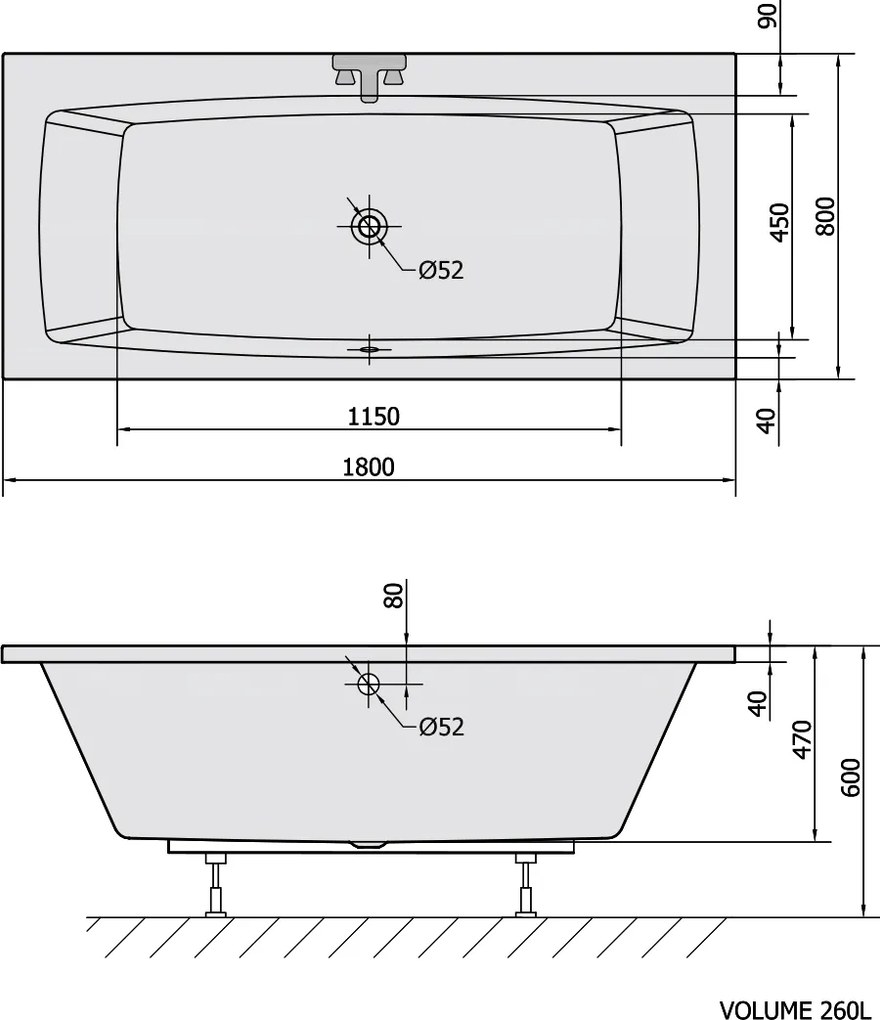 Polysan KVADRA 180 x 80 x 47 cm bílá 17711 obdélníková vana s konstrukcí