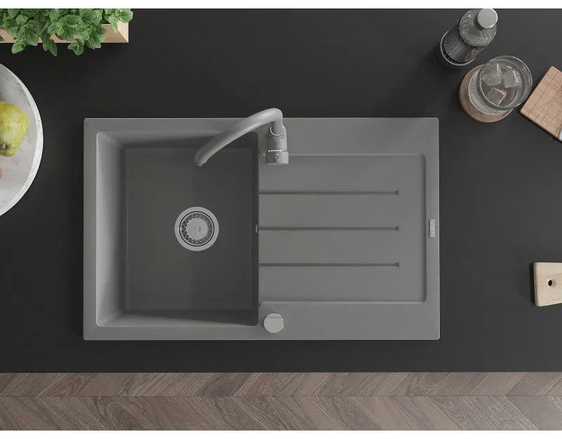 Mexen Bruno, 1-komorový granitový dřez s odkapávačem 80x50 cm a kuchyňskou baterií Telma, šedá, 6513-71-670200-71