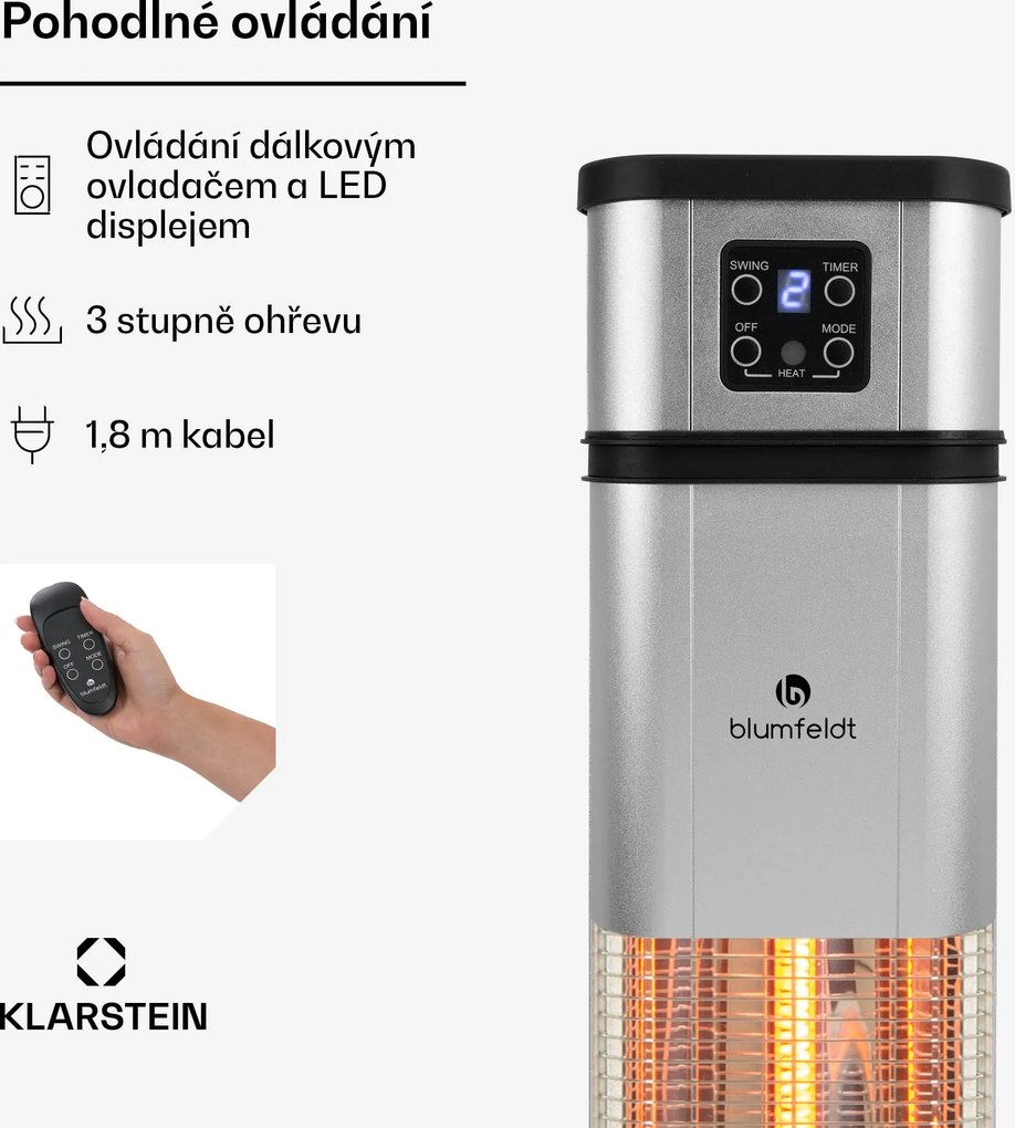 Blumfeldt Heat Guru, infračervený ohřívač, 2000 W, 3 stupně ohřevu, dálkové ovládání, stříbrná barva