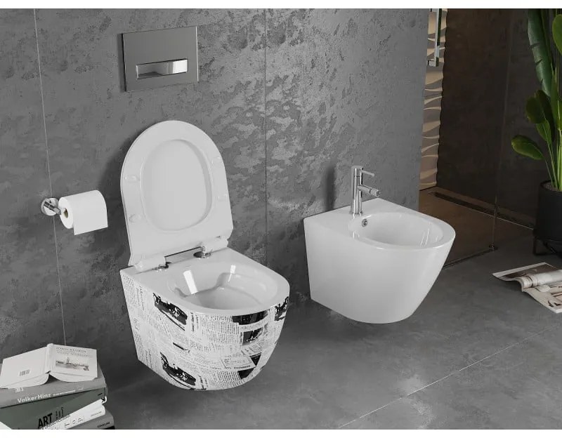 Mexen LENA Rimless, závěsná WC mísa se sedátkem pomalu-padajícím SLIM, 48 x 36 cm, gazeta, 30224099